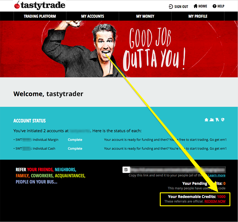 Redeeming tastytrade referral credits