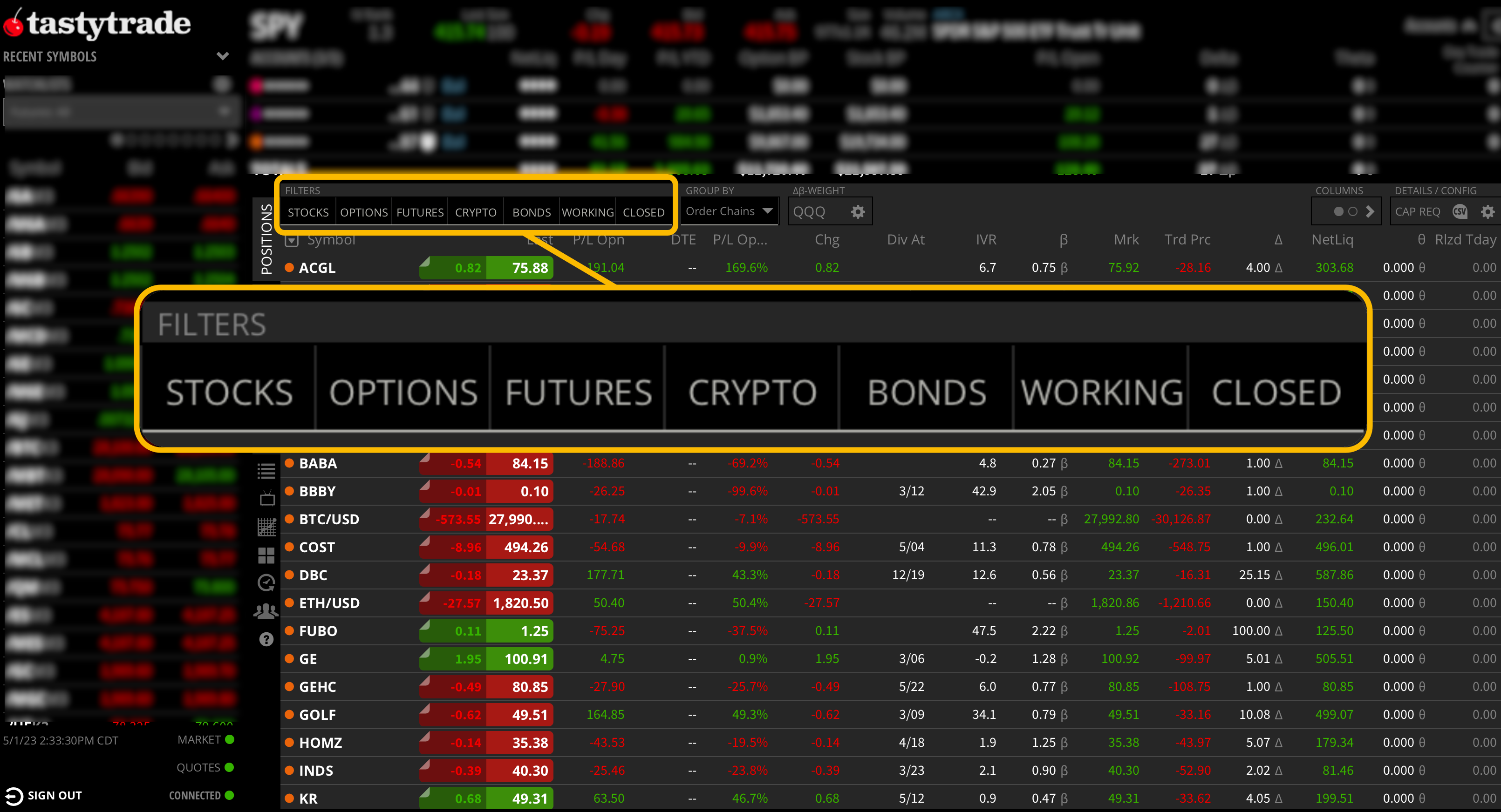 Filtering and Sorting Position in tastytrade