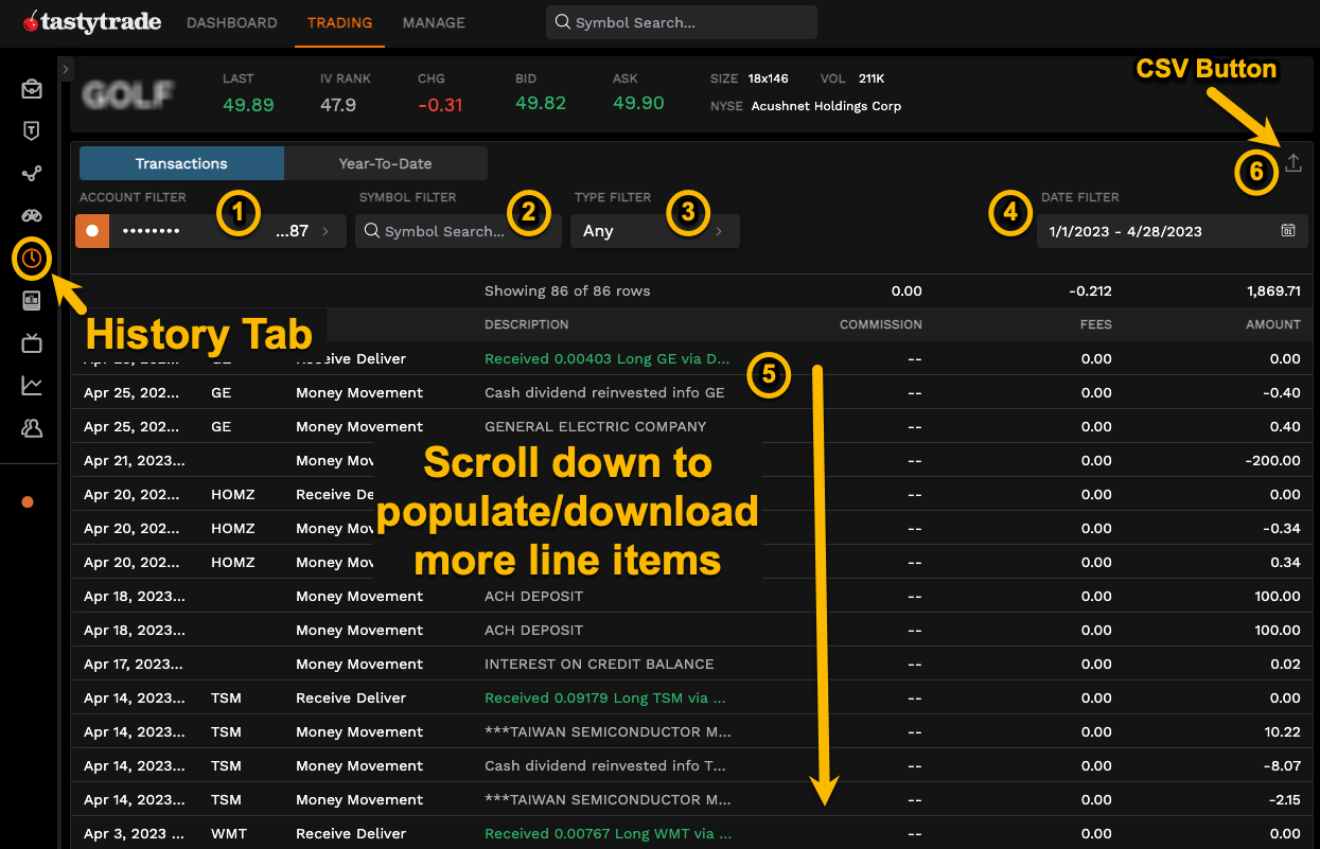 Instructions to exporting data from tastytrade