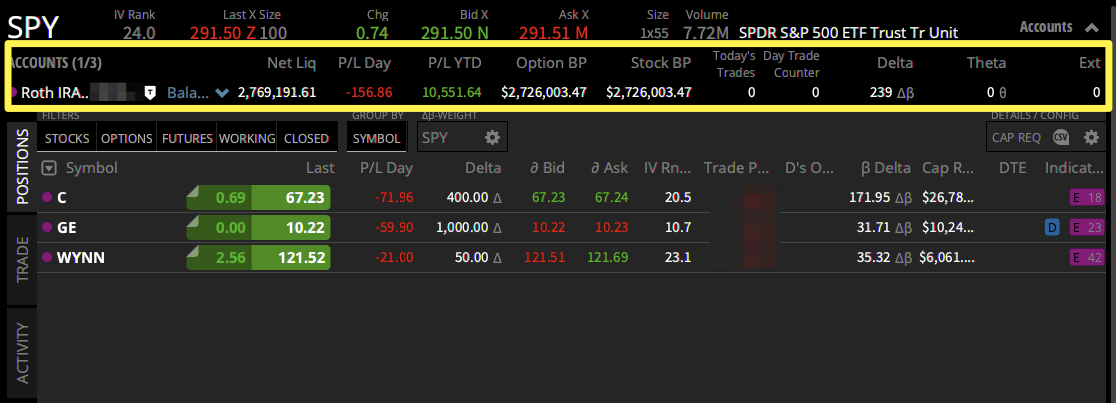 Account header details in tastytrade