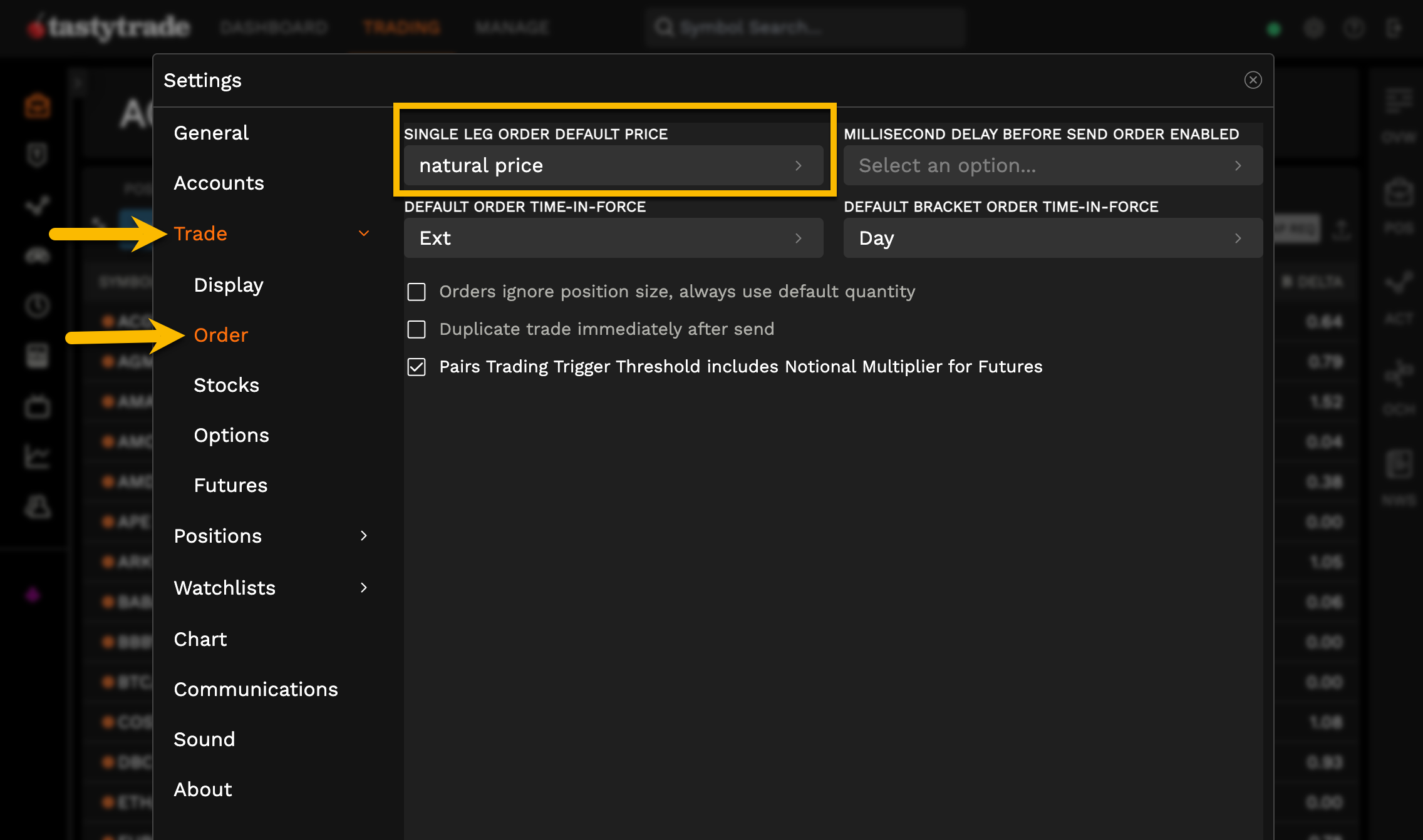 Setting a default order quantity in tastytrade