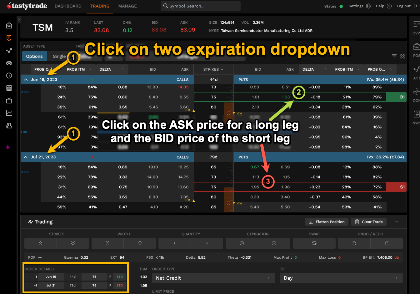 Setting up a calendar or diagonal on tastytrade