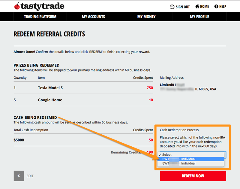 Redeeming tastytrade referral credits